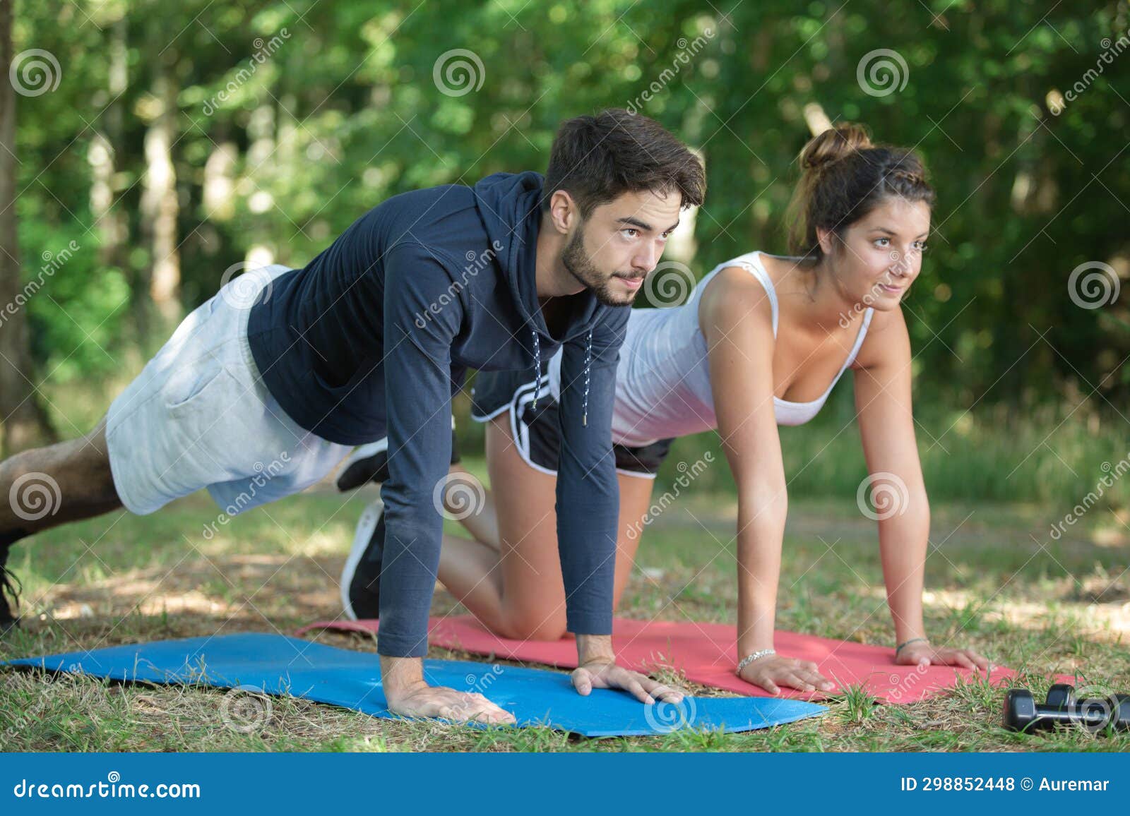 Couple Doing Workout Together in Park Stock Photo - Image of together ...