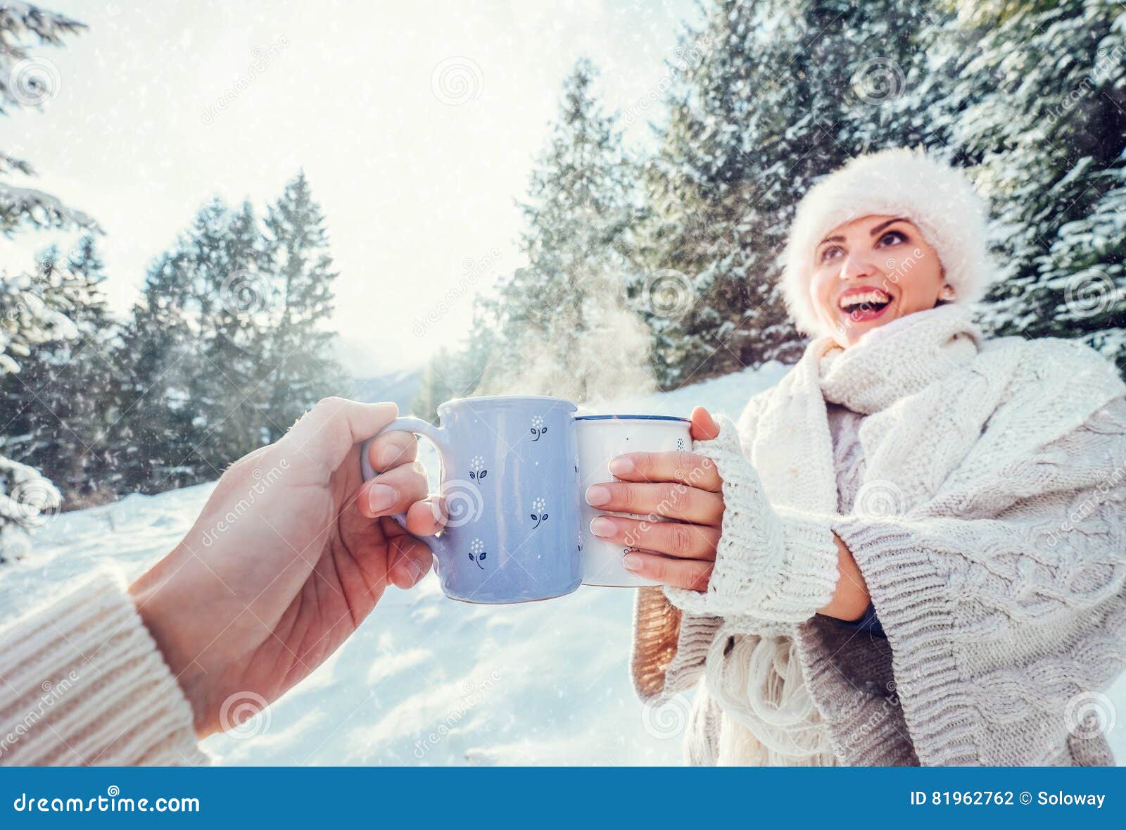 Couple Drink a Hot Tea on Winter Forest Glade Stock Photo - Image of ...