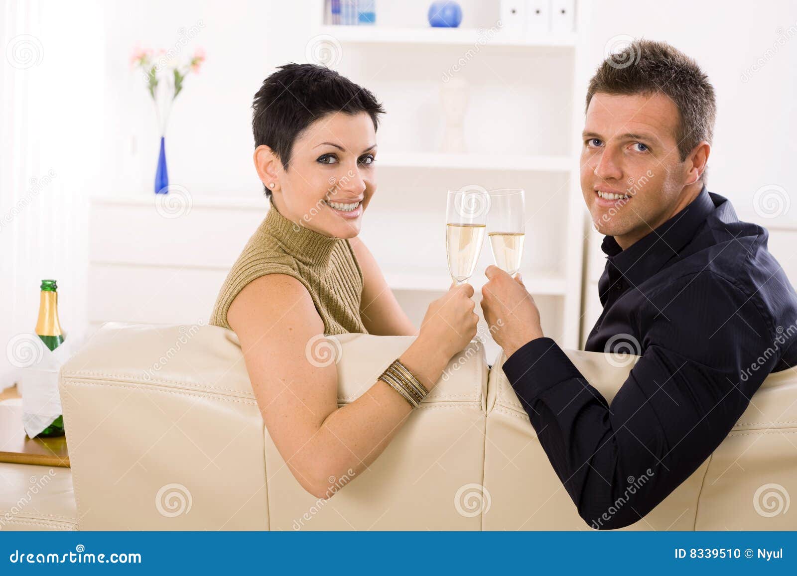Couple drinking champagne stock photo. Image of apartment - 8339510
