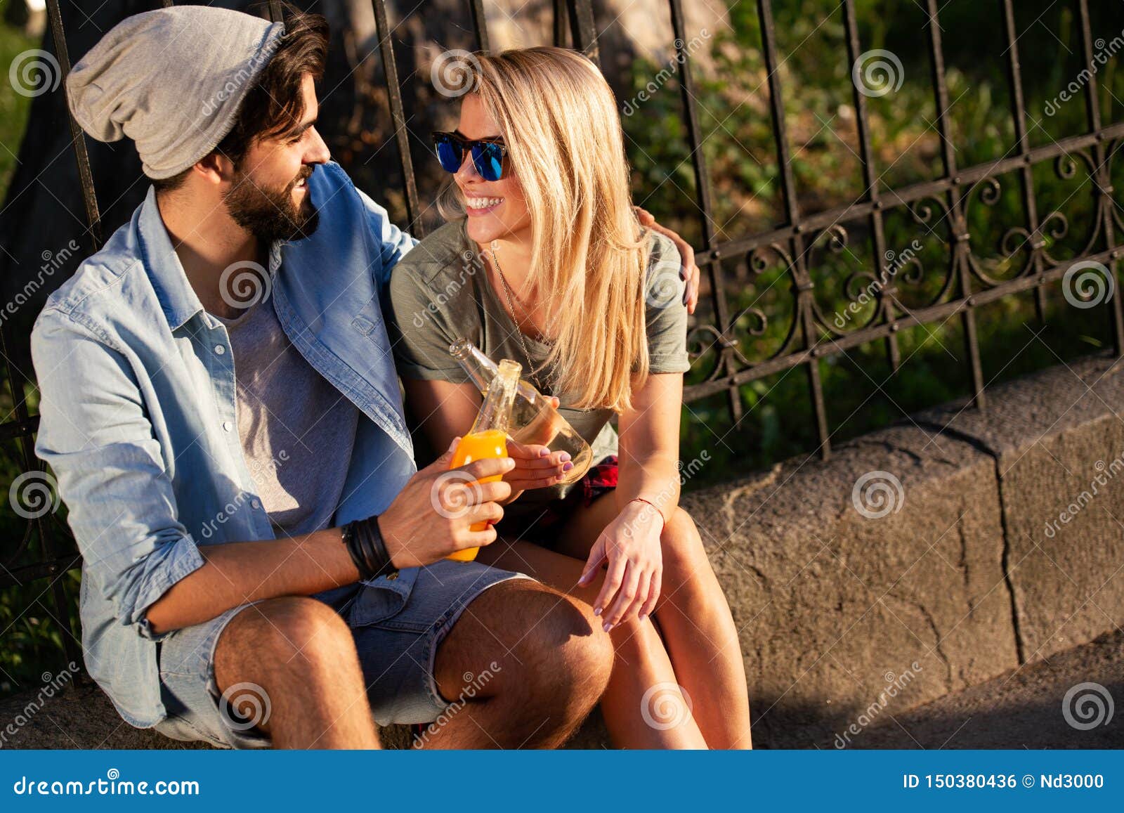 Couple Drinking And Having Fun In The City Summer Holidays And Dating
