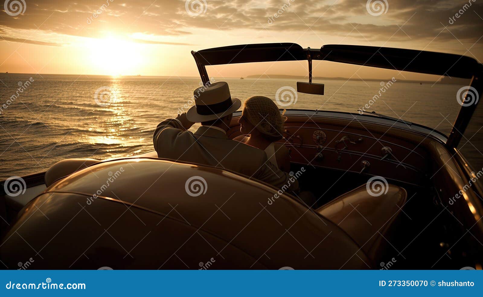 Couple Driving into the Sunset in Convertible Stock Illustration ...
