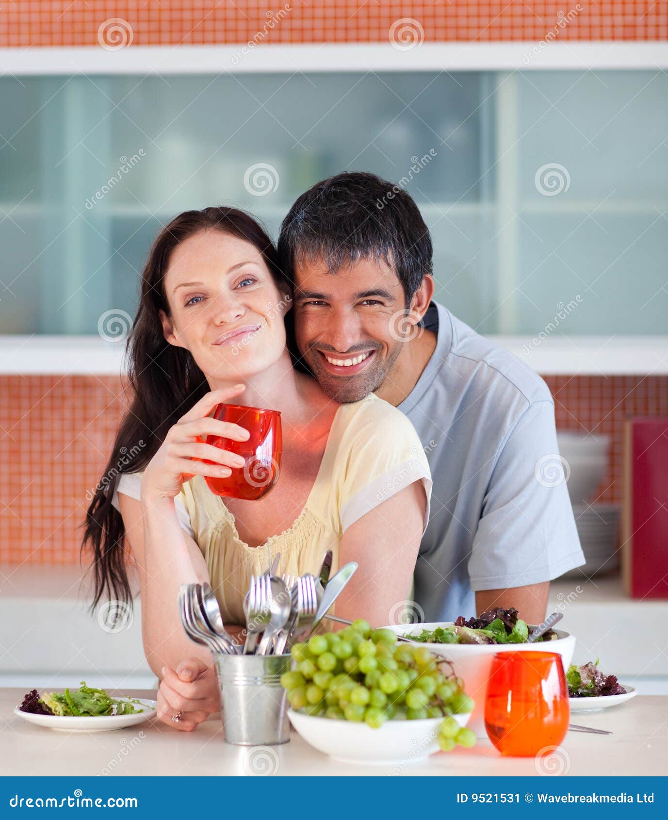 Couple Eating and Drinking in the Kitchen Stock Image - Image of house ...