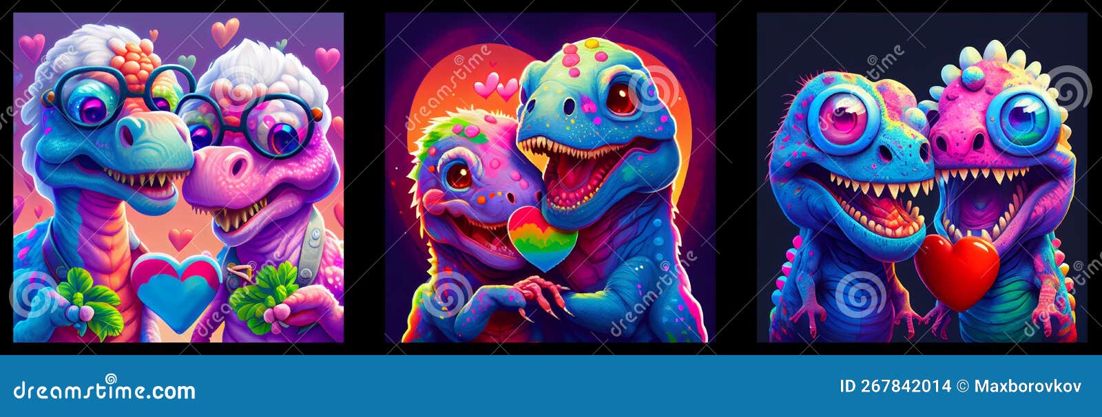 Couple of Elderly Multicolored Dinosaurs with Hearts. AI Generative ...