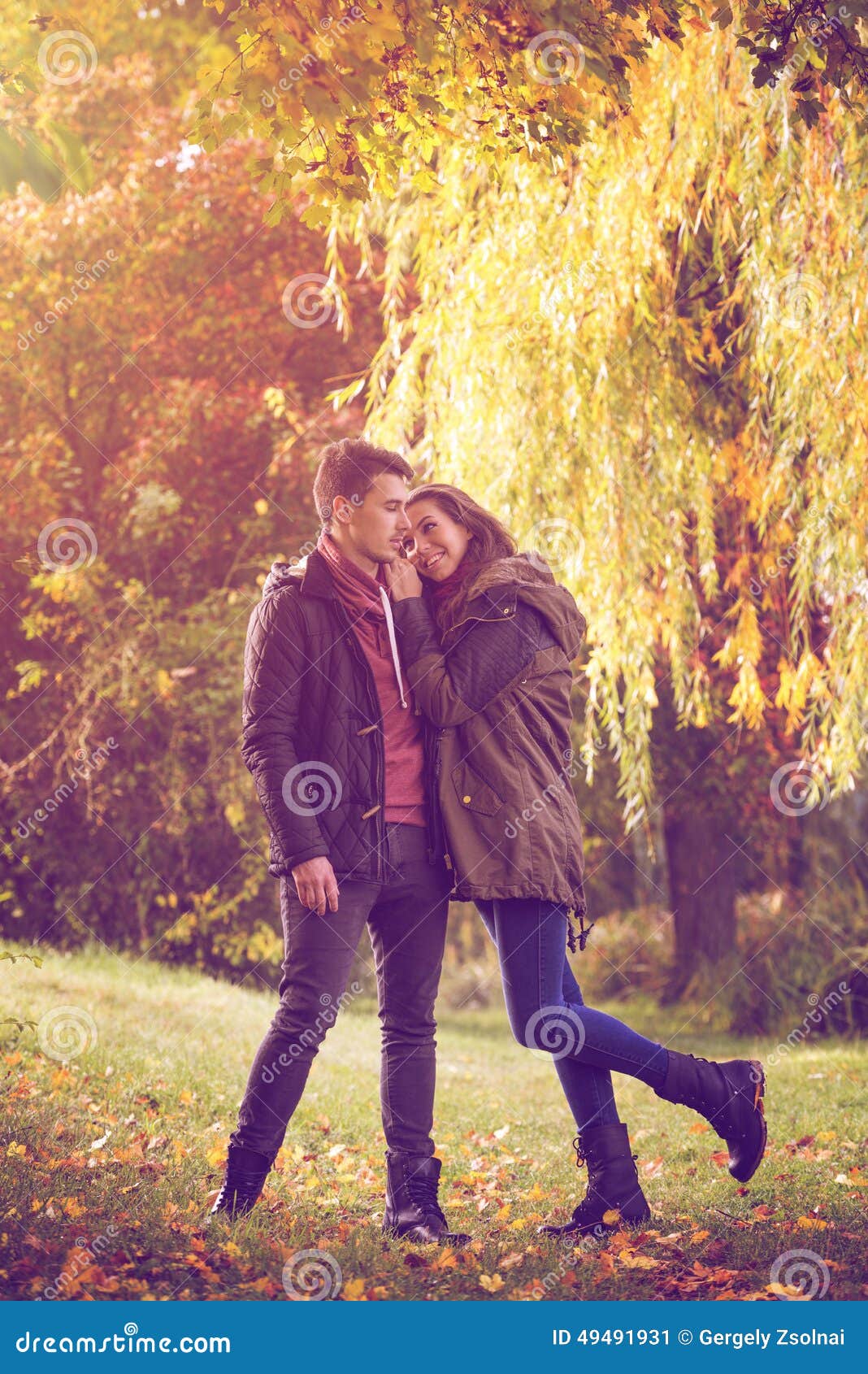 Couple Embracing on Colorful Autumn Forest Stock Image - Image of ...