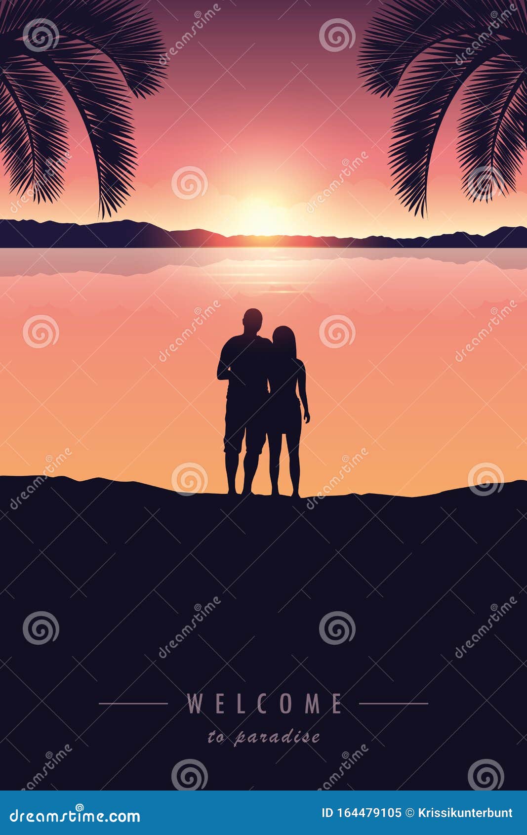 Couple Enjoy the Sunset on a Beautiful Palm Beach Stock Vector ...