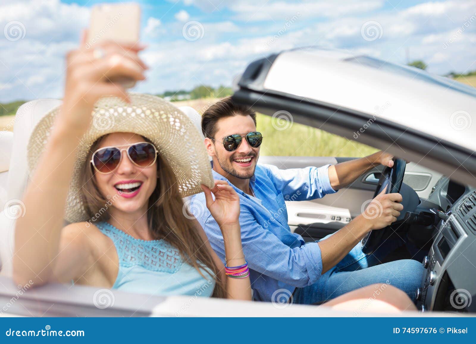Couple Enjoying a Drive in a Convertible Stock Photo - Image of toothy ...