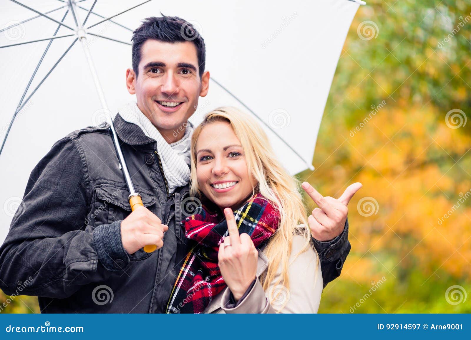 Couple Enjoying Fall Day Having Walk Despite the Rain Stock Image ...