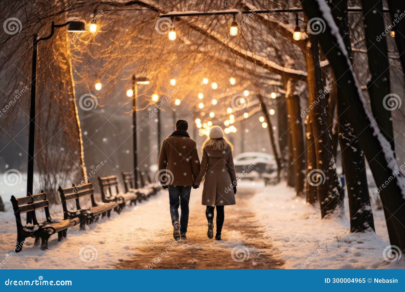 A Couple Enjoys a Romantic Stroll through the Park on a Winter Day ...