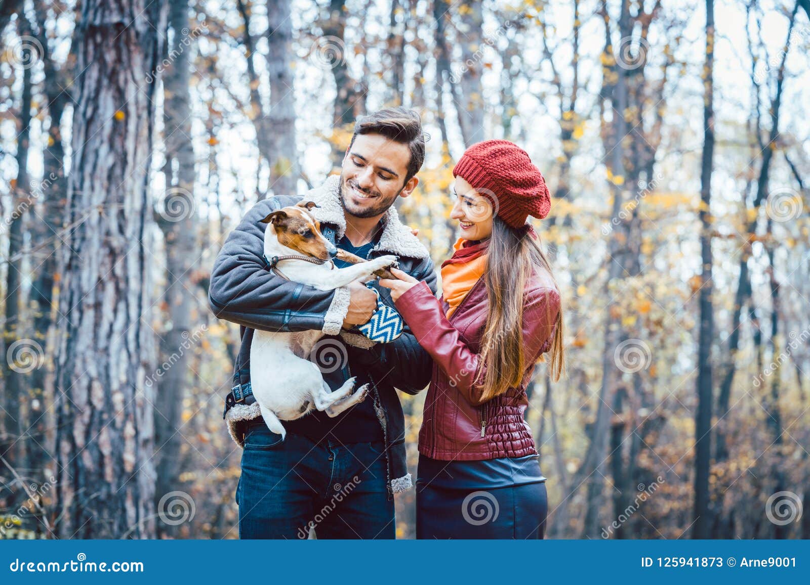 Couple in Fall Having Walk with Dog in a Park Stock Image - Image of ...