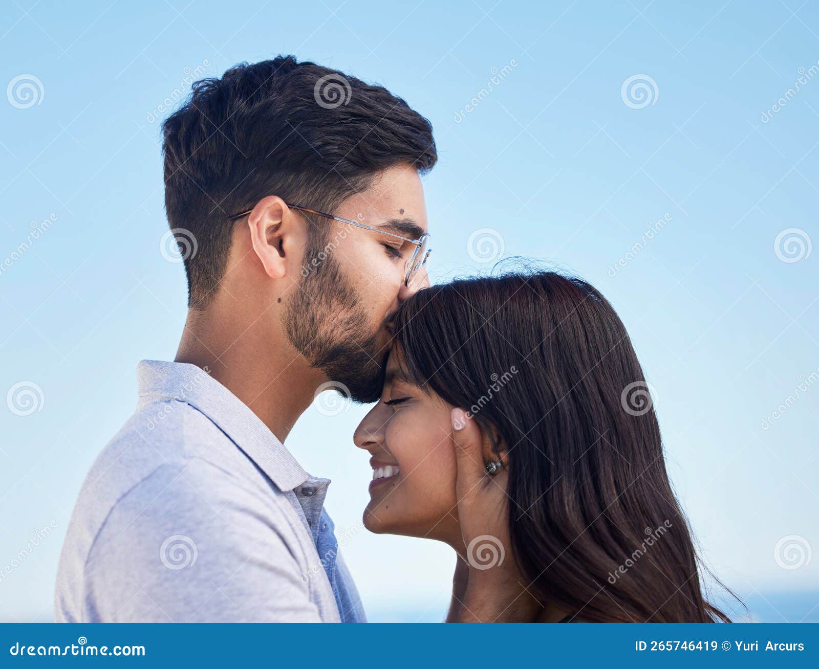 Couple Forehead Kiss And Love Outdoor With Commitment Trust And Happy