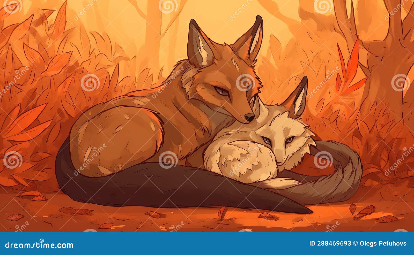 A Couple of Foxes Cuddle Together in a Forest Setting Stock ...