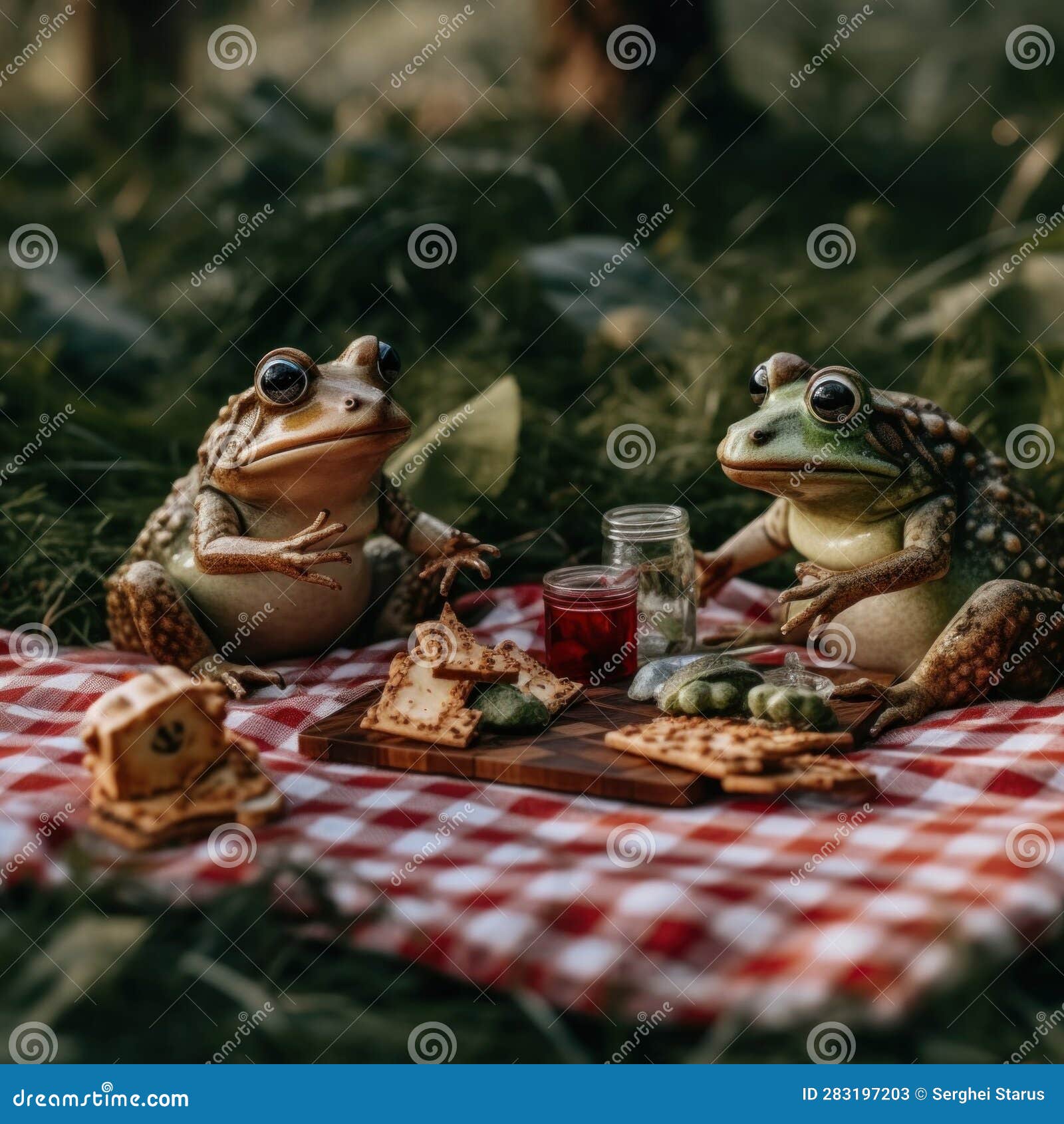 A Couple of Frogs Sitting on Top of a Red and White Checkered Blanket ...