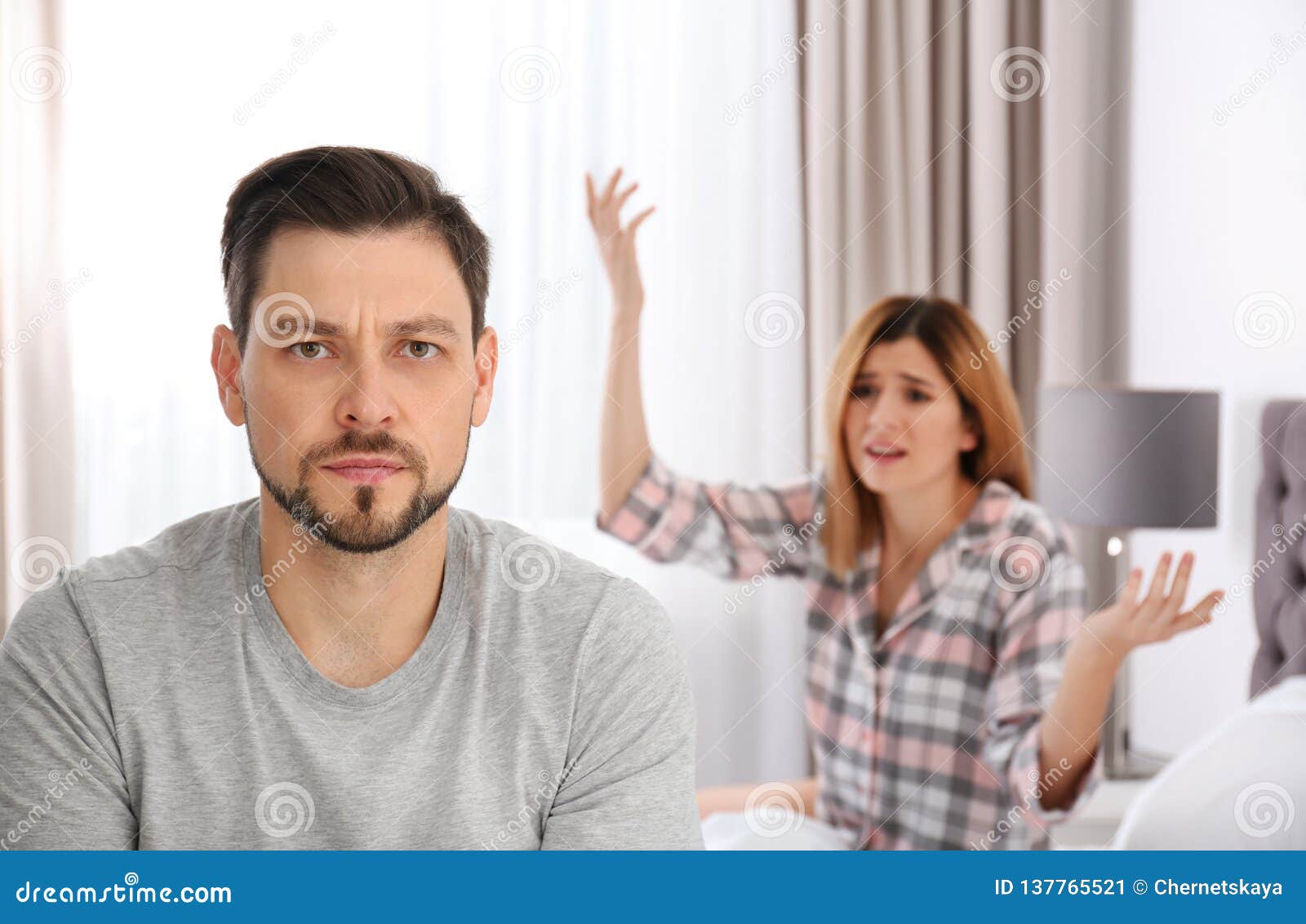 Couple Having Argument in Bedroom. Stock Image - Image of caucasian ...
