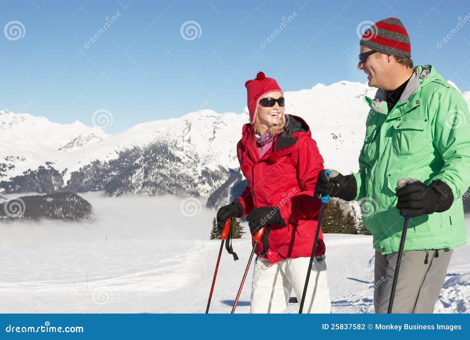 Couple Having Fun on Ski Holiday in Mountains Stock Photo - Image of ...