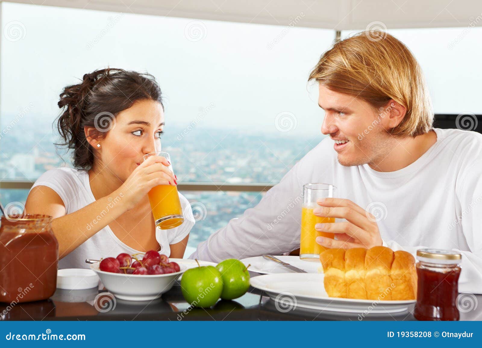 Couple Having Great Time on Breakfast Stock Photo - Image of juice ...