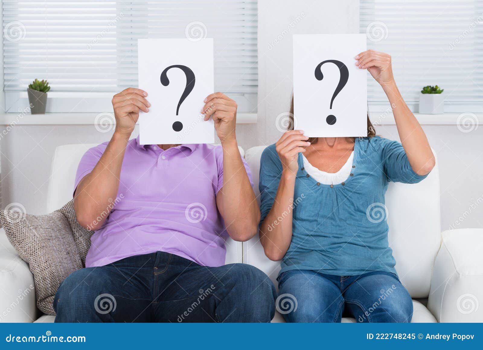 Couple Hiding Face with Question Mark Sign Stock Image - Image of ...