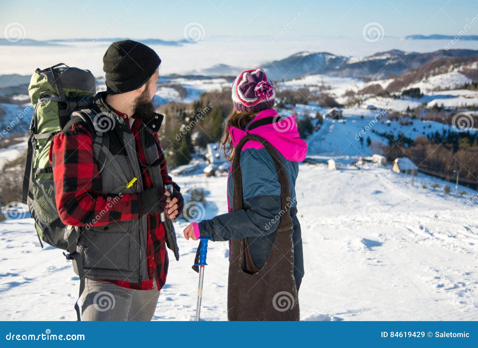 Couple of Hikers Standing on the Mountain Pick Stock Image - Image of ...