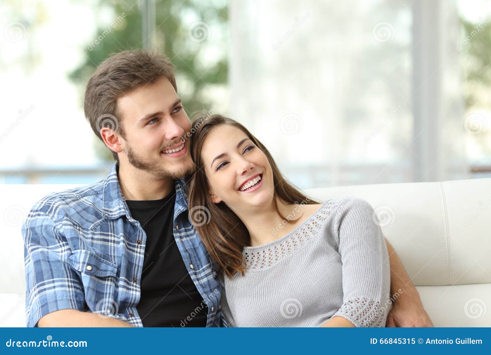 Couple at Home Thinking and Looking Sideways Stock Image - Image of ...