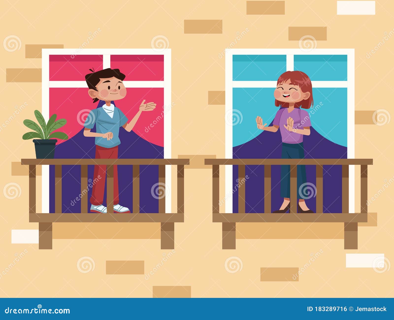 House Balcony With Woman Man Character Outside, Building Window At City ...