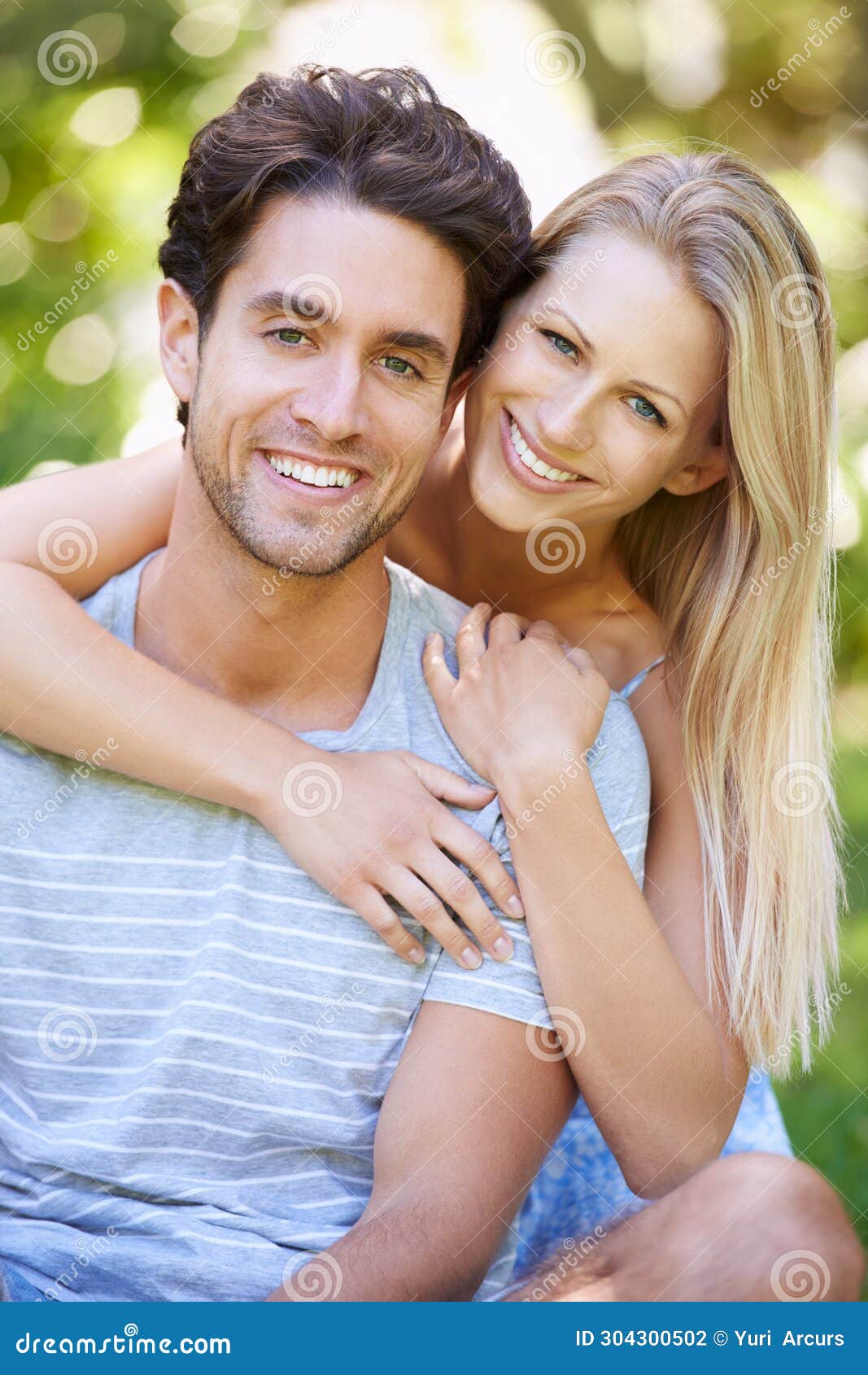 Couple Hug And Portrait In Park With Smile Love And Commitment In