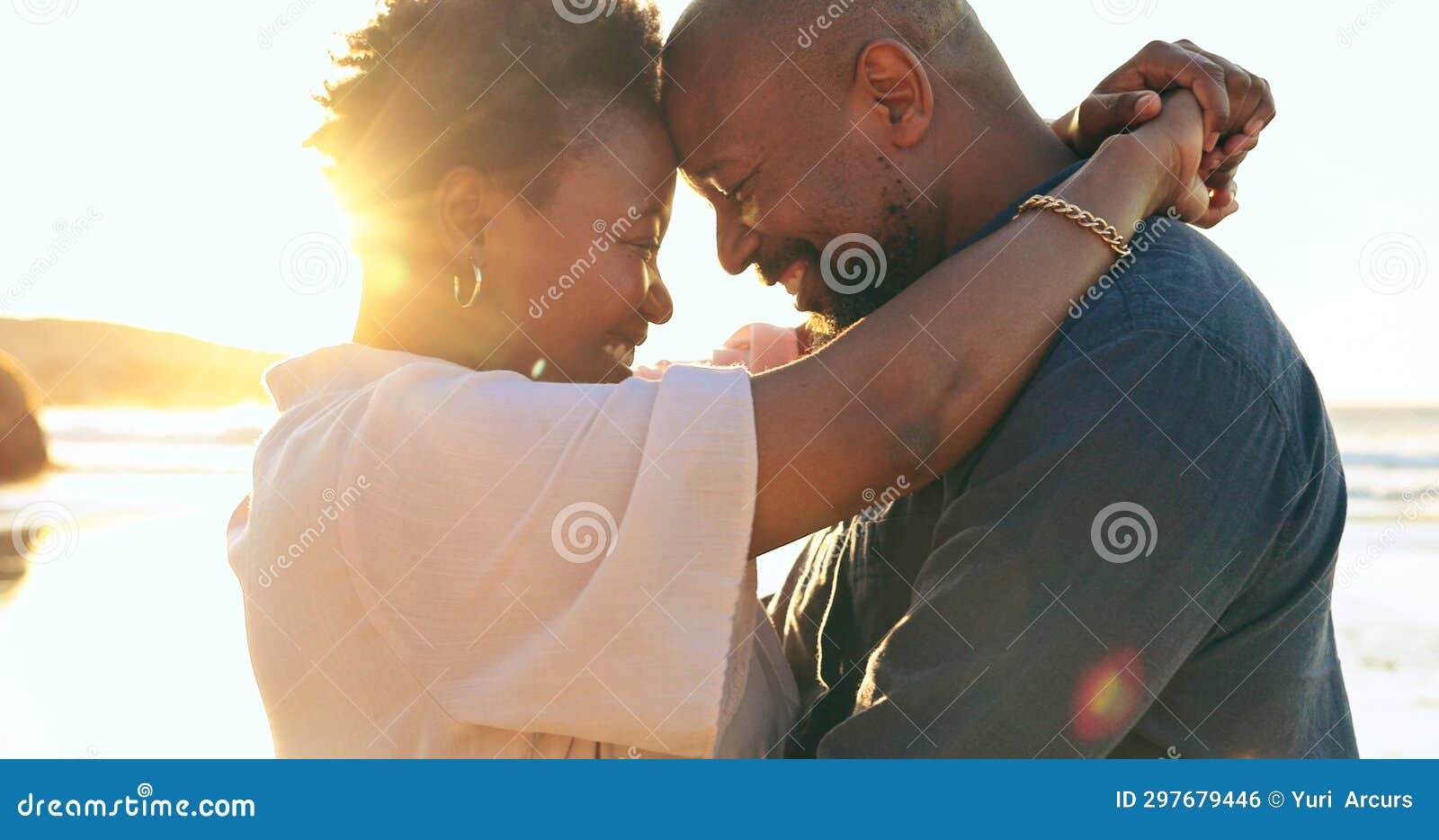 Couple Hug Or Smile On Beach With Love Bonding And Sunlight For