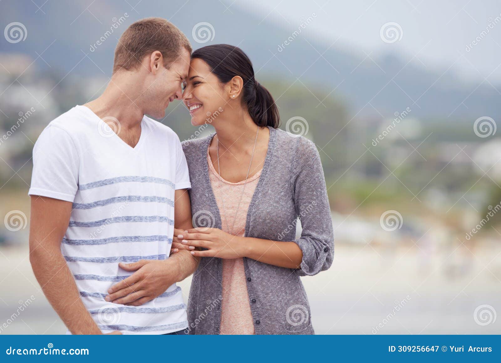 Couple Hug And Walking On The Beach For Travel Forehead Touch And