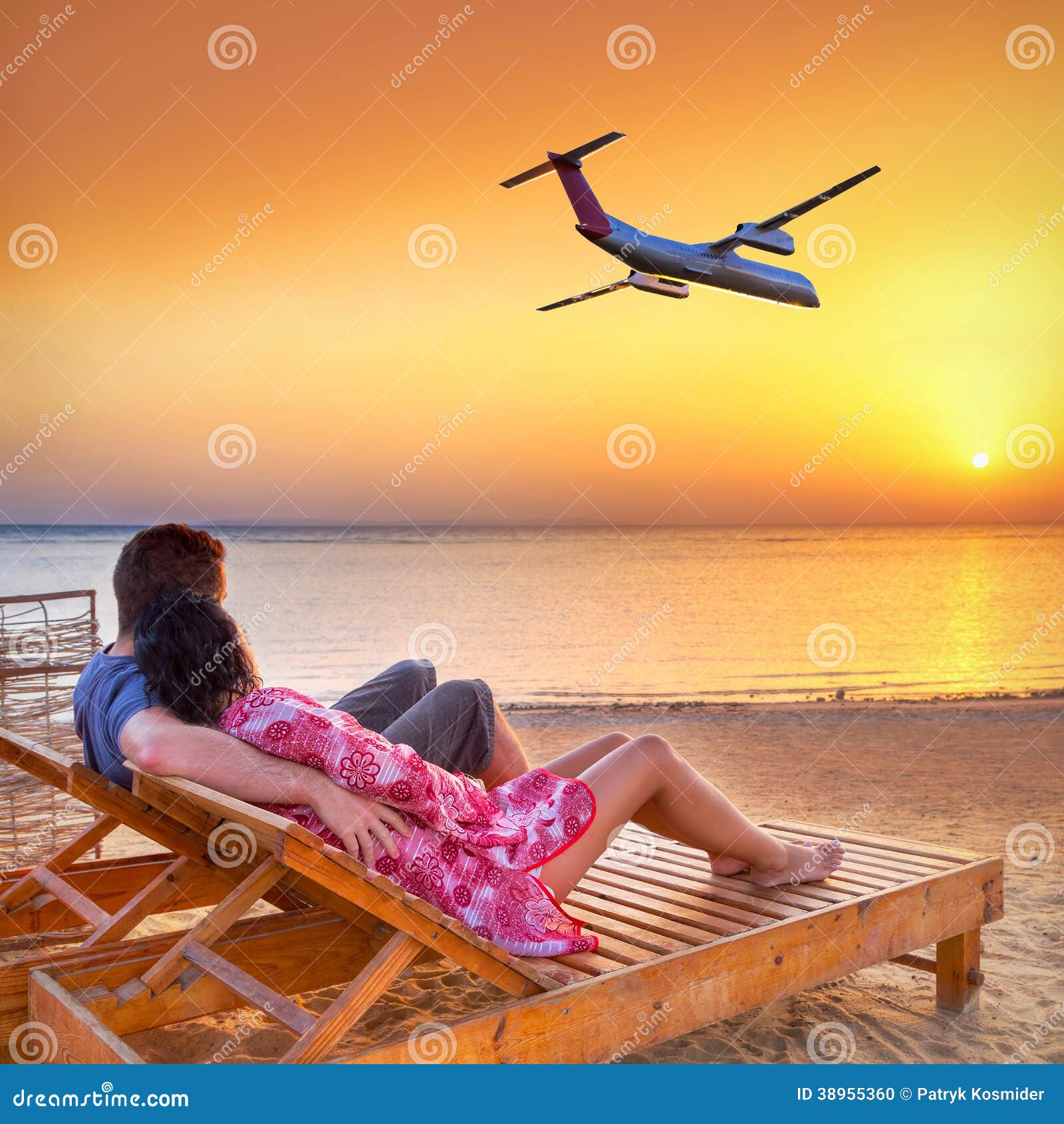 Couple in Hug Watching Airplane at Sunset Stock Photo - Image of ...