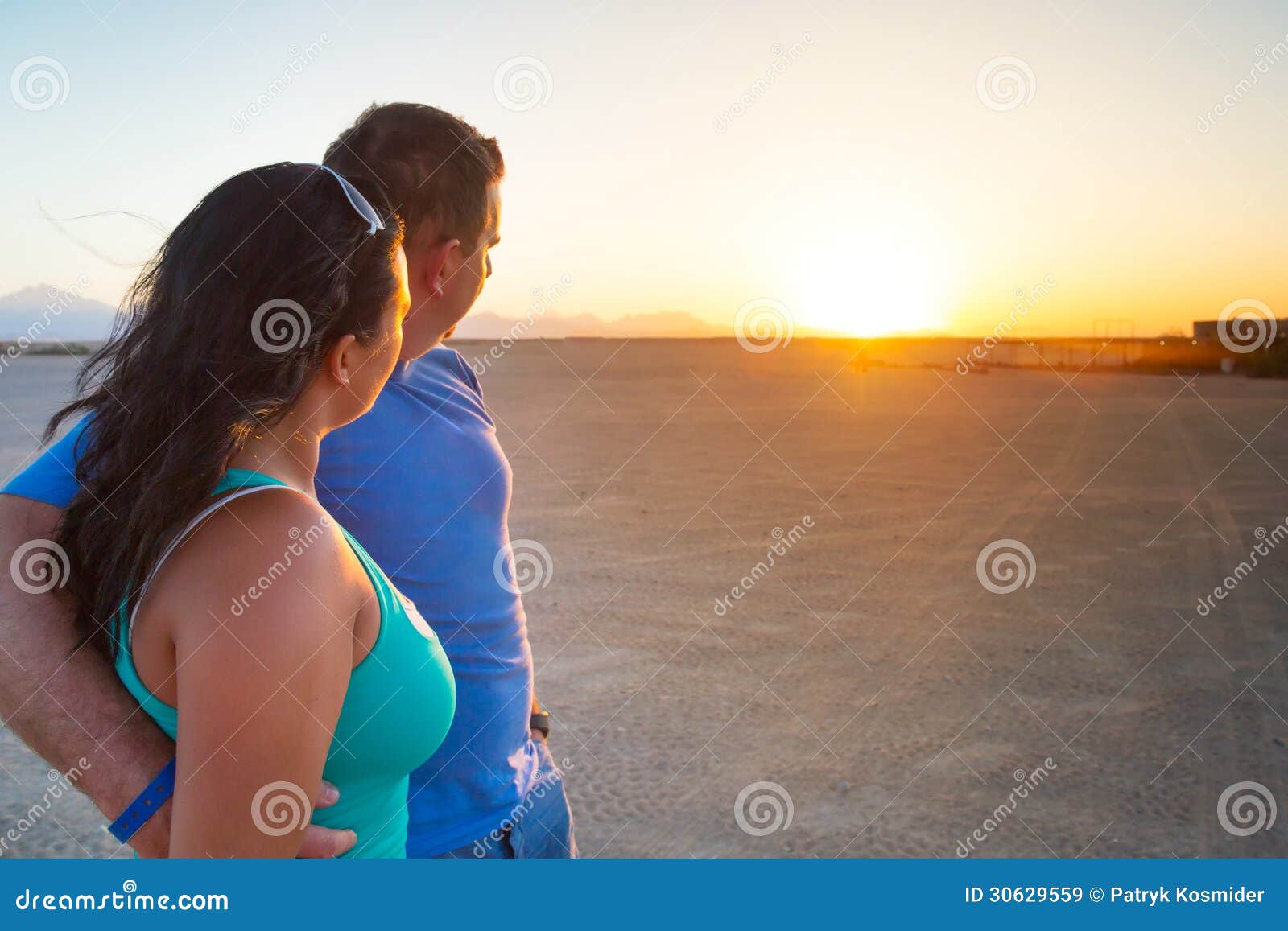 Couple in Hug Watching Together Sunset Stock Image - Image of female ...