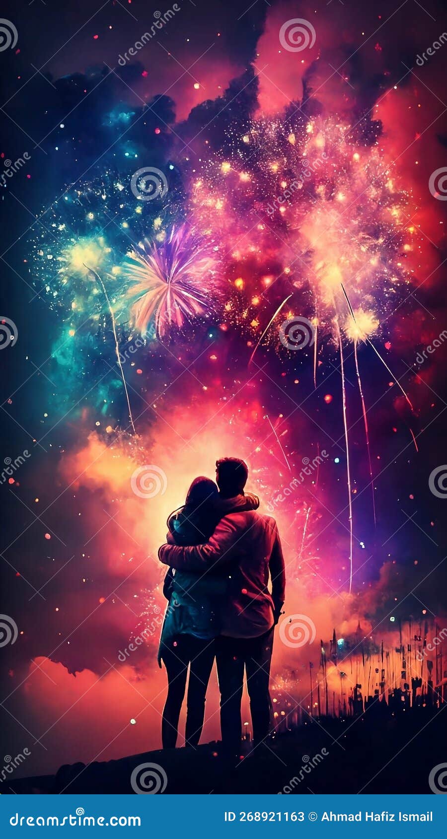 Couple Hugging Watching Fireworks Stock Illustration - Illustration of ...
