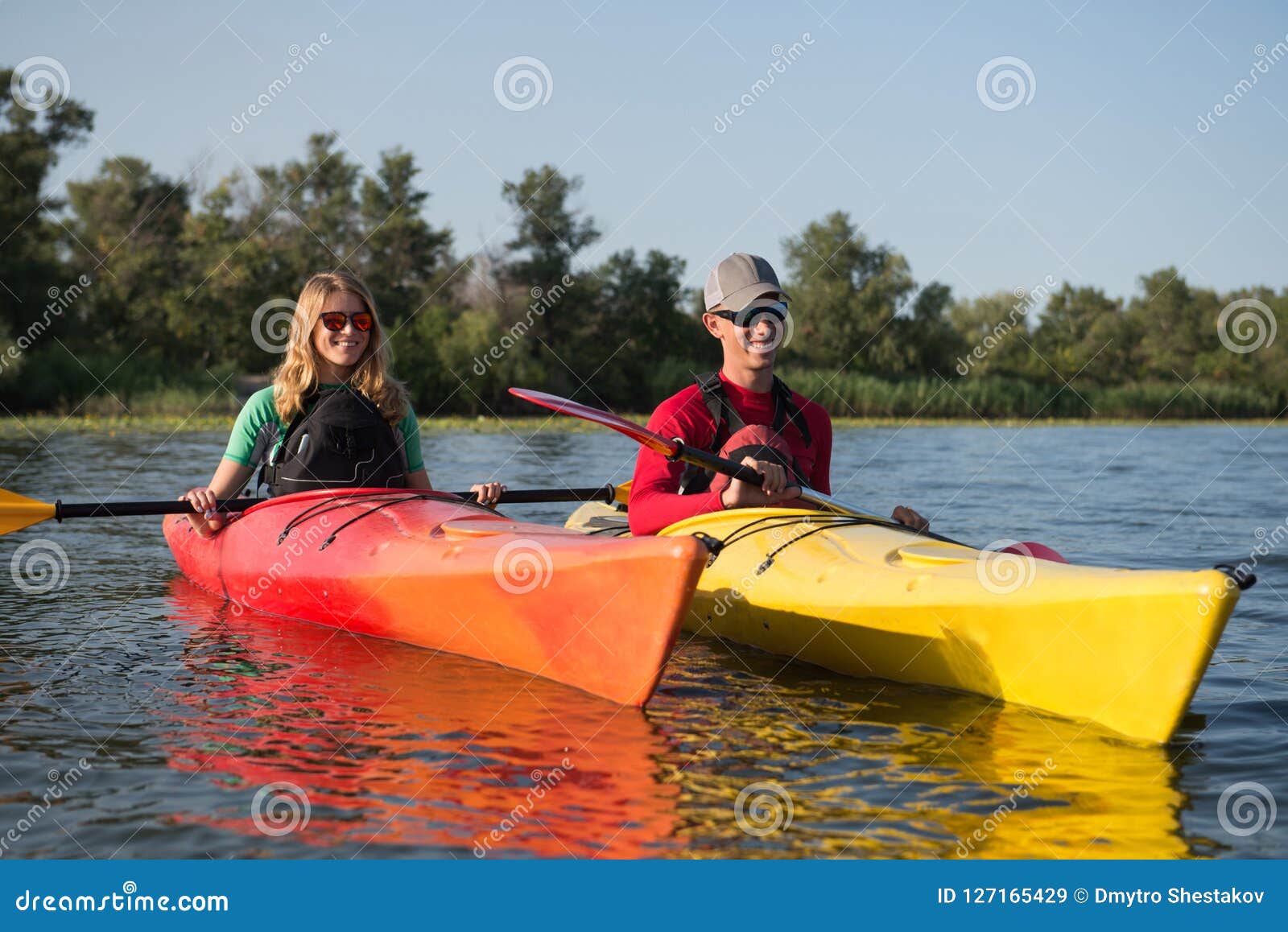 Couple in Kayak on the River Stock Image - Image of girl, canoeing ...