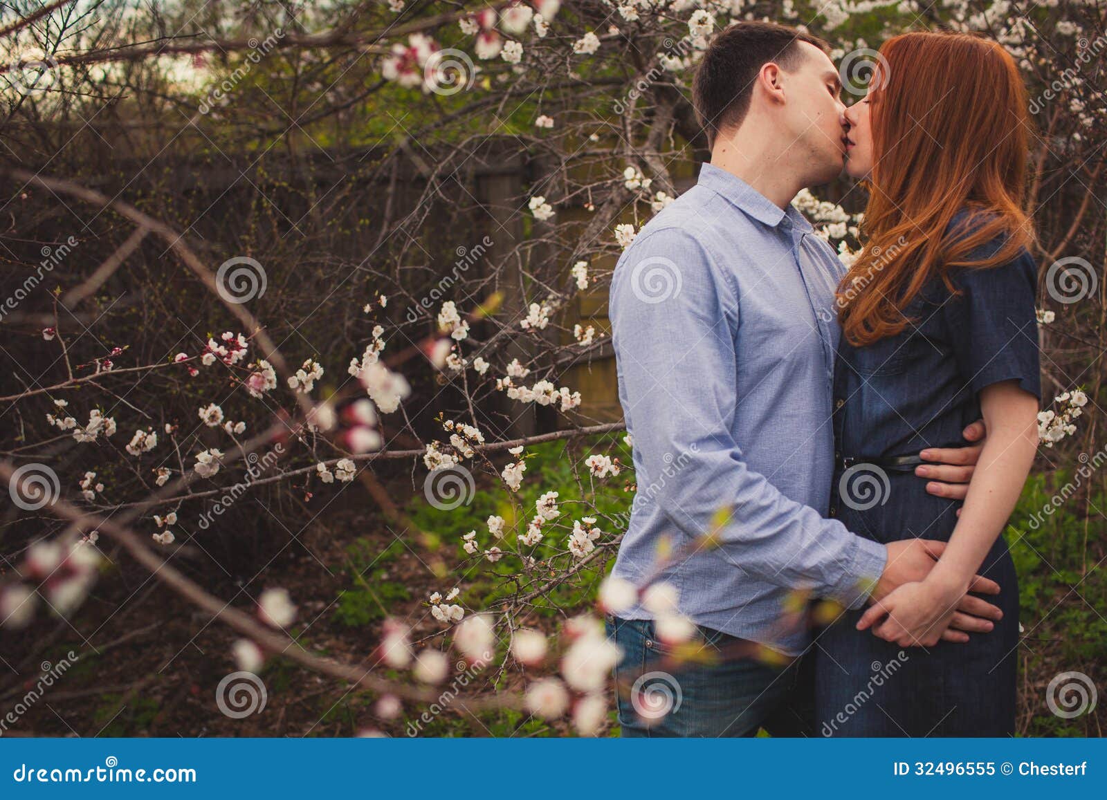 Couple Kissing among the Flowering Trees Stock Image - Image of natural ...