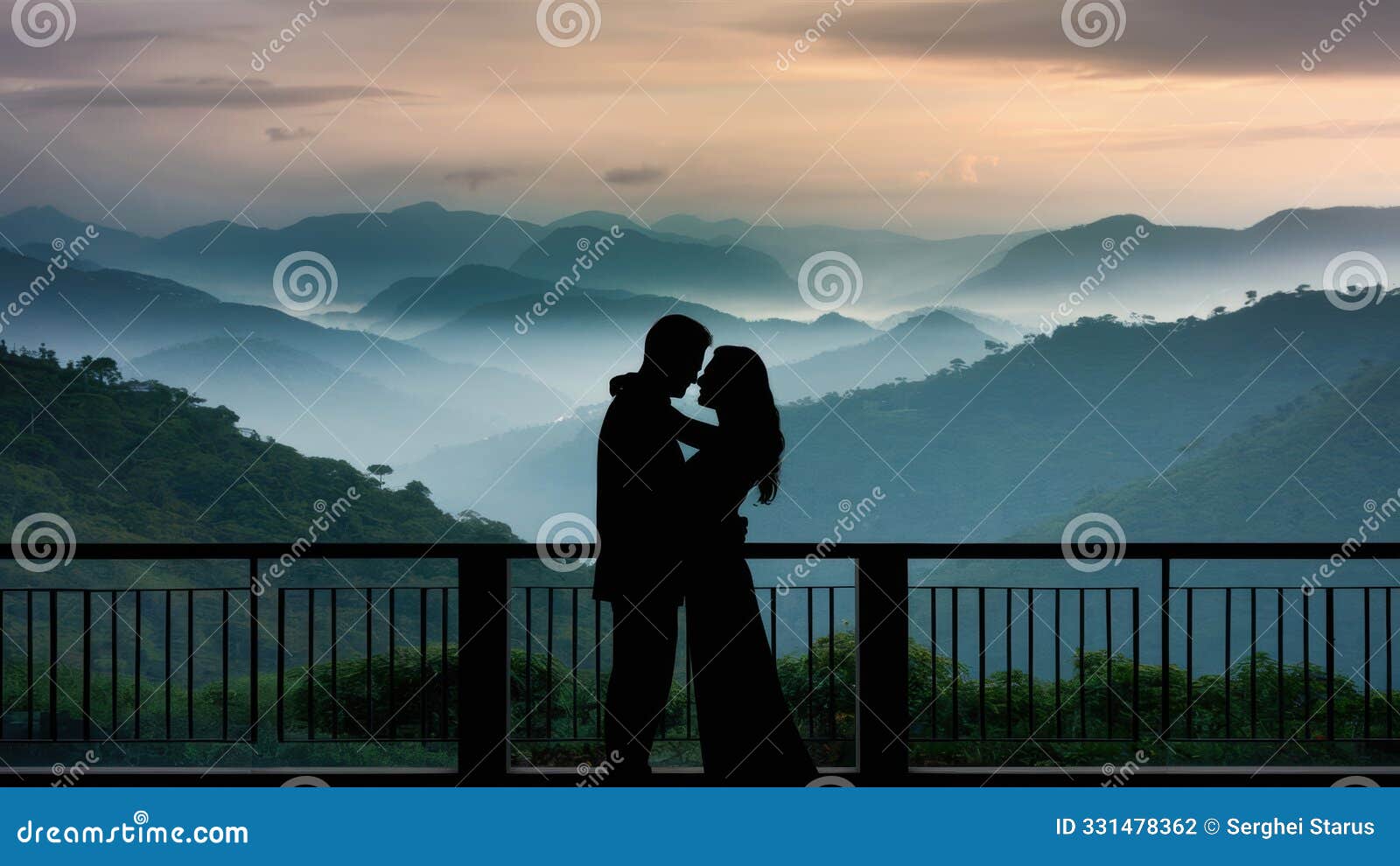 A Couple Kissing in Front of a Mountain Range with Fog, AI Stock Photo ...