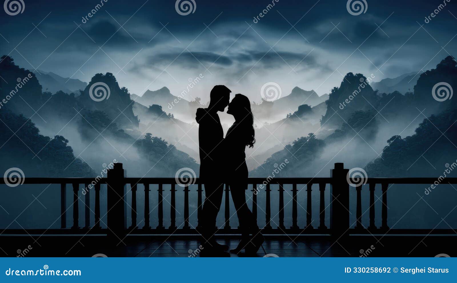 A Couple Kissing in Front of a Mountain Range with Fog, AI Stock Photo ...