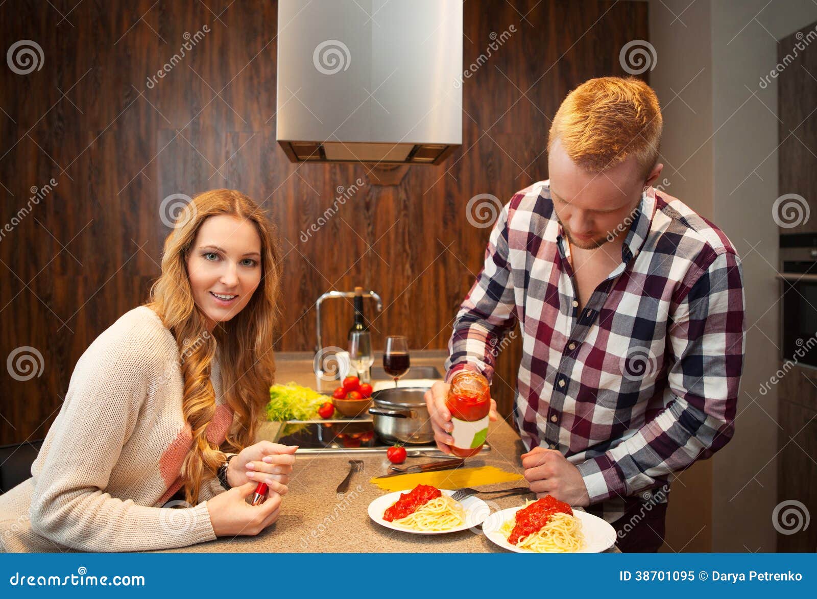 Couple in a Kitchen Cooking Pasta Stock Image - Image of forties ...