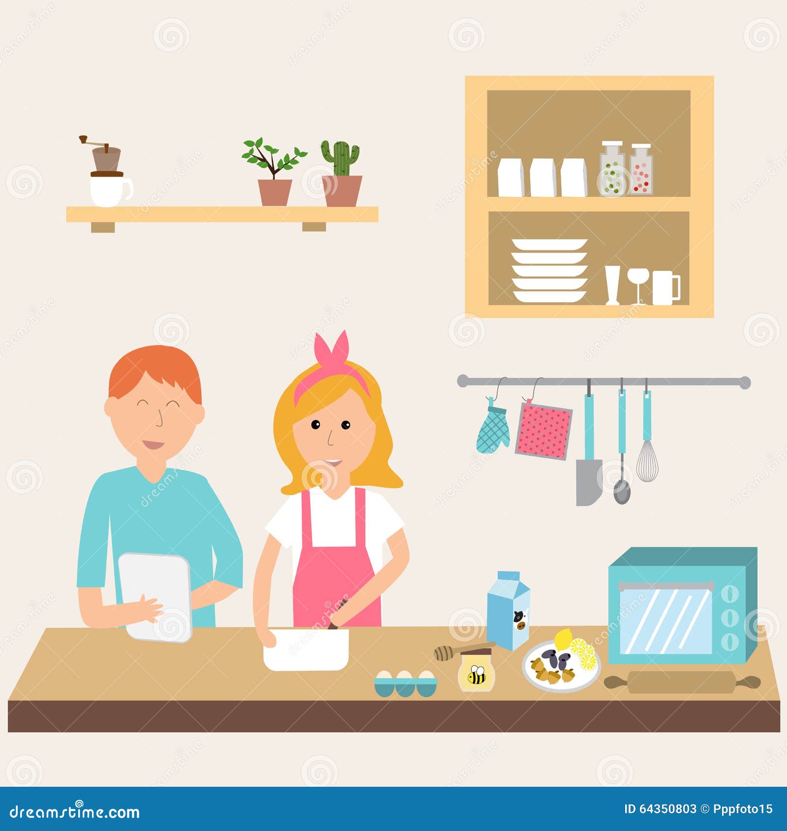 Couple In The Kitchen Using Electronic Tablet For Cooking. Cartoon ...