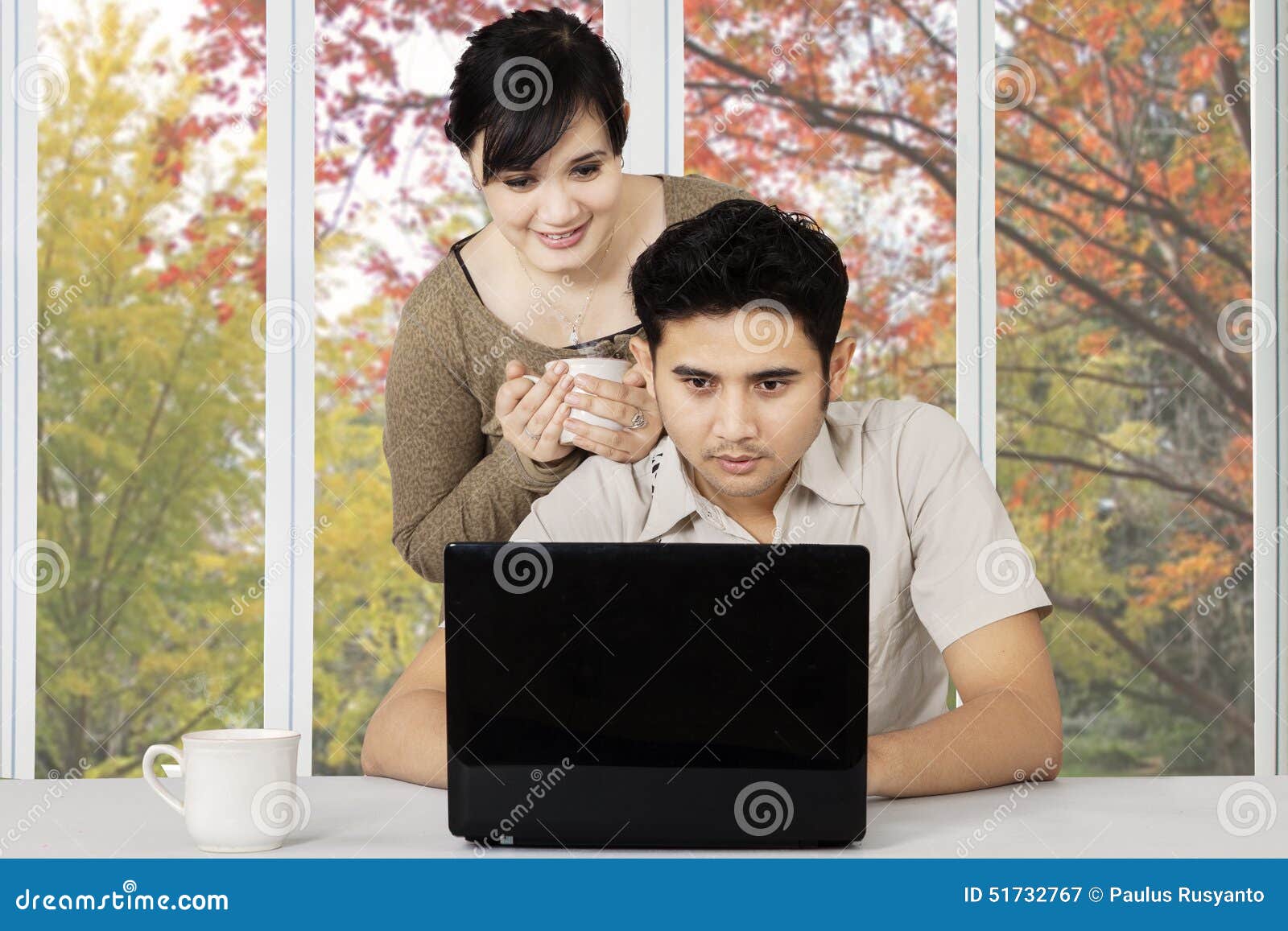 Couple with Laptop on Table Stock Image - Image of portrait, happy ...