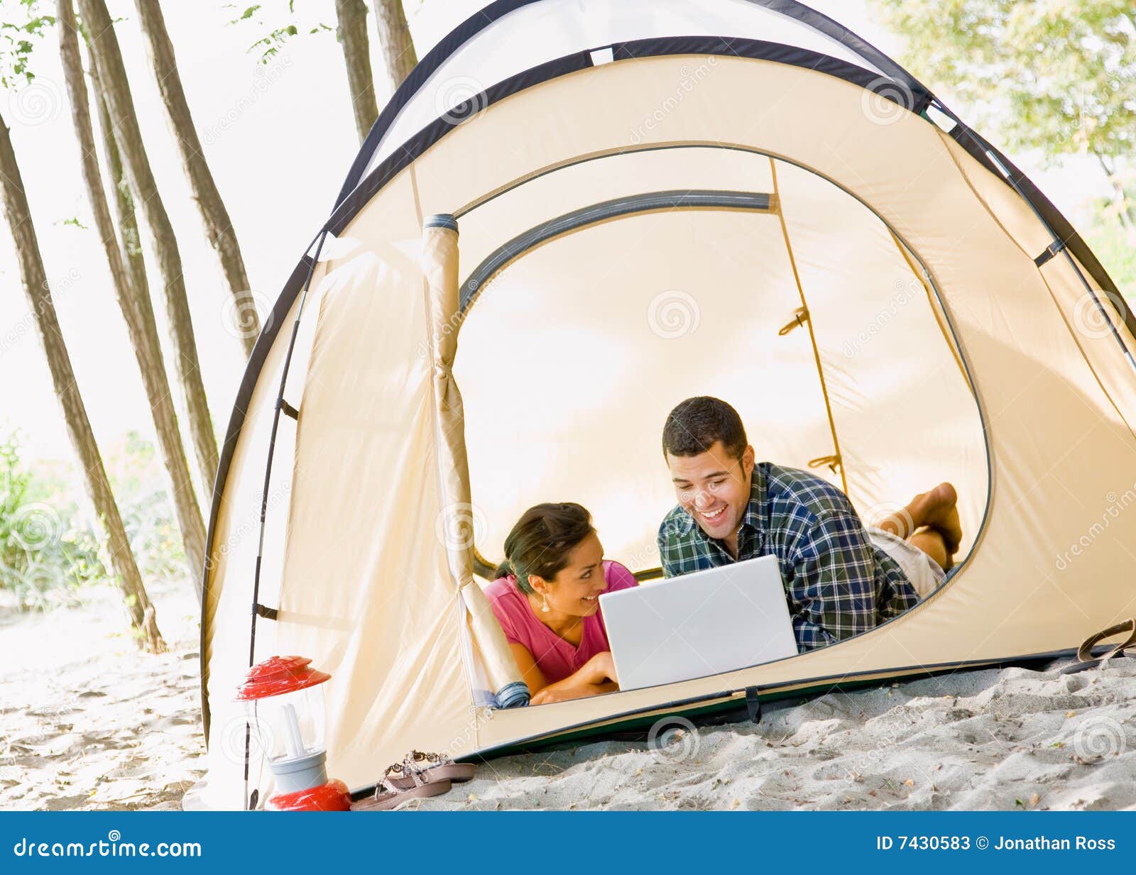 Couple Laying in Tent Using Laptop Stock Image - Image of boyfriend ...