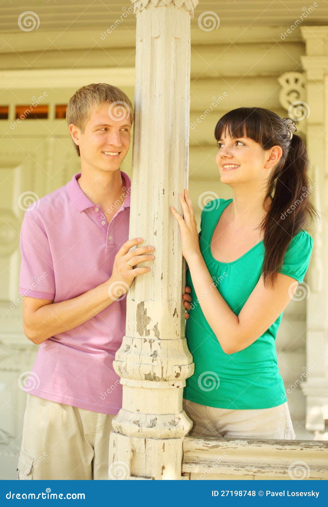 Couple Leaned To Column, Smile on Terrace Stock Photo - Image of elbow ...