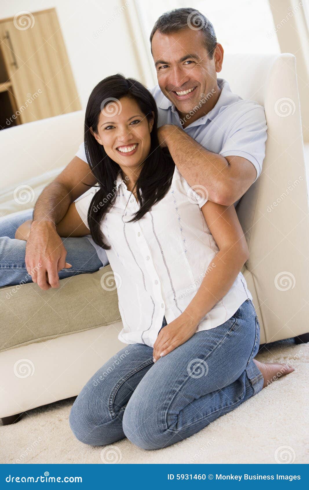 Couple in Living Room Smiling Stock Photo - Image of girlfriend, length ...