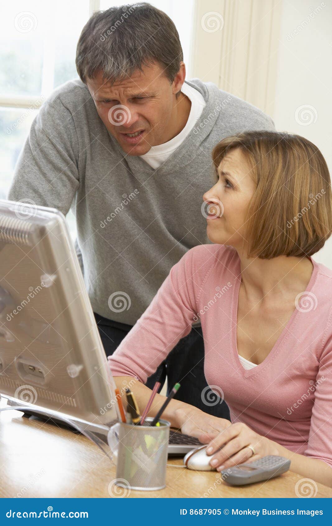 Couple Looking at Computer Screen Stock Image - Image of living, lounge ...