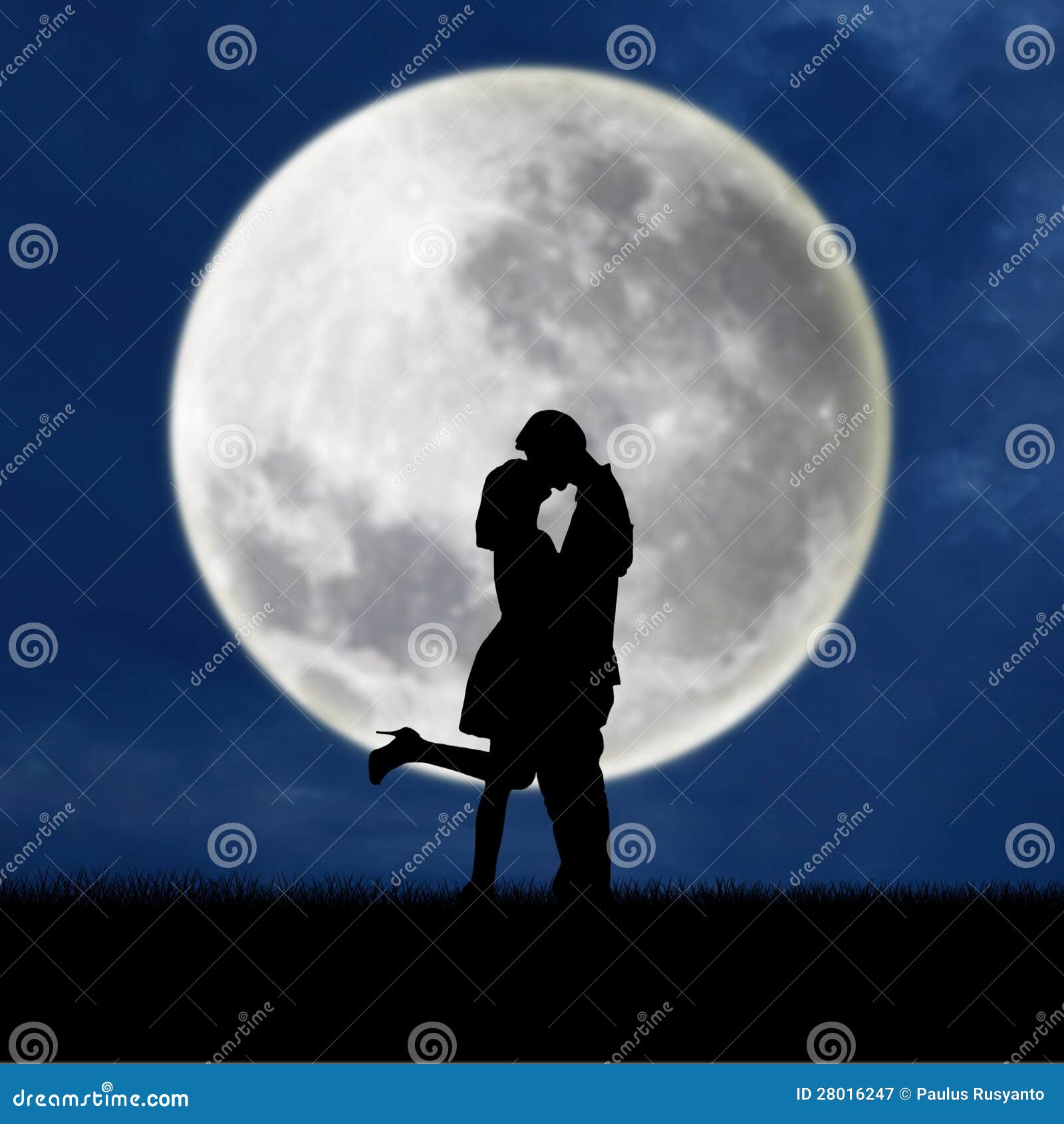 Couple in Love on Blue Full Moon Silhouette Stock Illustration ...