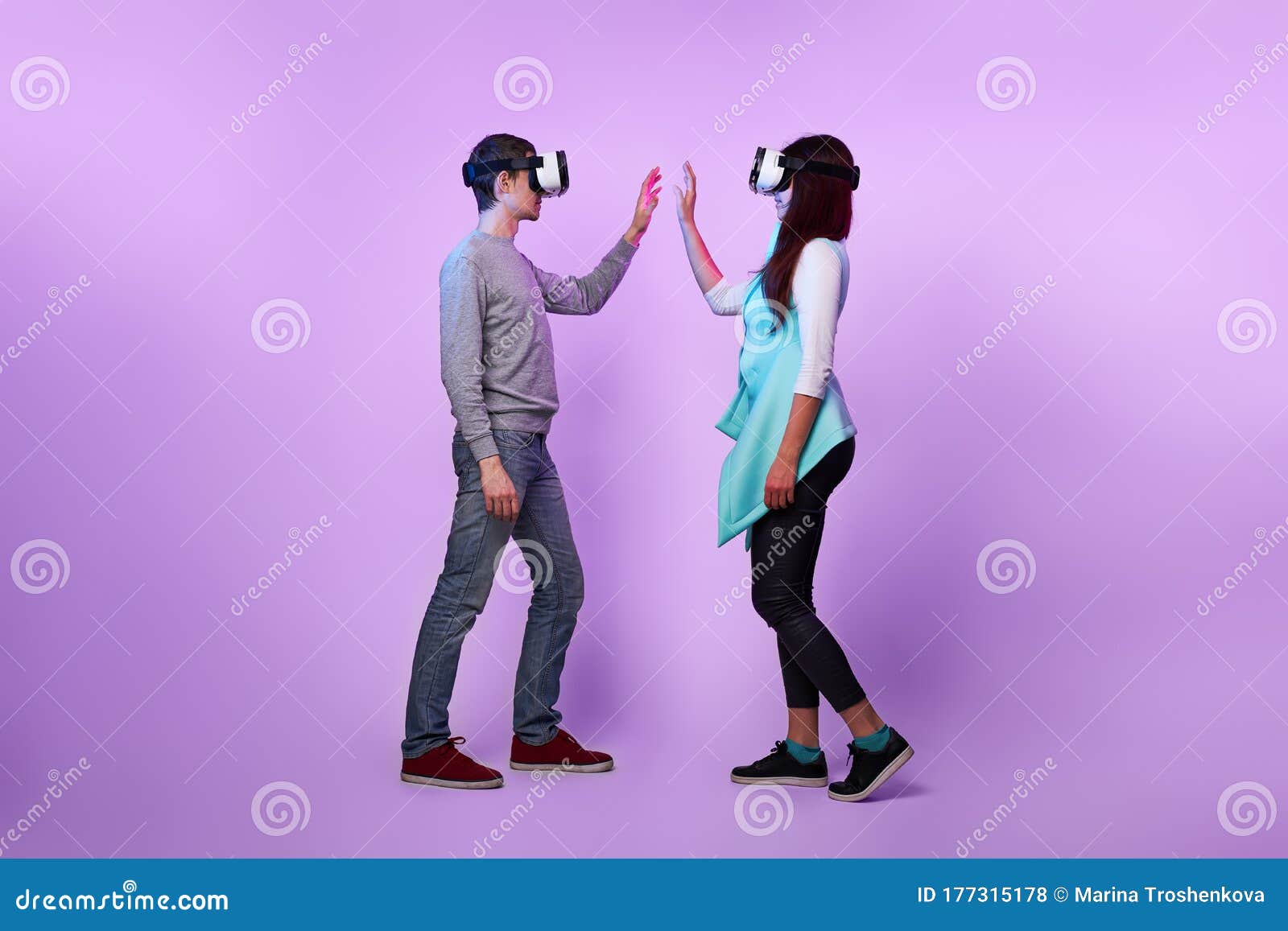Couple in Love Communicate Using a Virtual Reality Headset. Stock Photo ...
