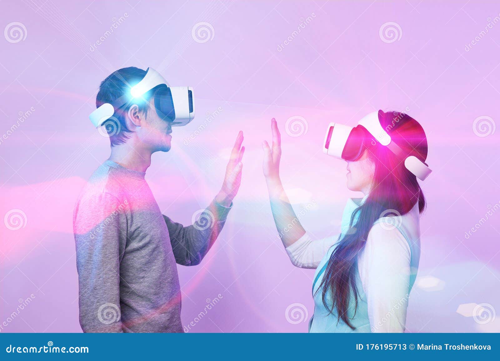 Couple in Love Communicate Using a Virtual Reality Headset. Stock Image ...