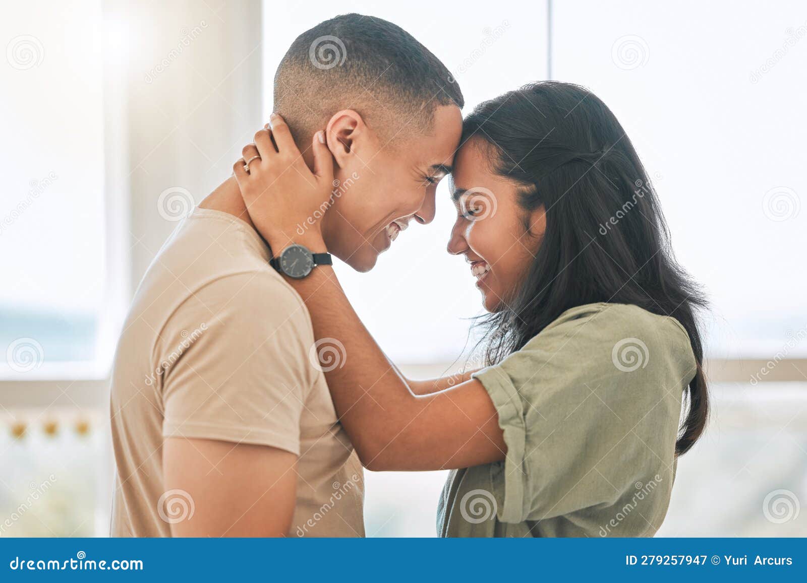Couple Love And Forehead Touch In Home For Happiness Intimacy And