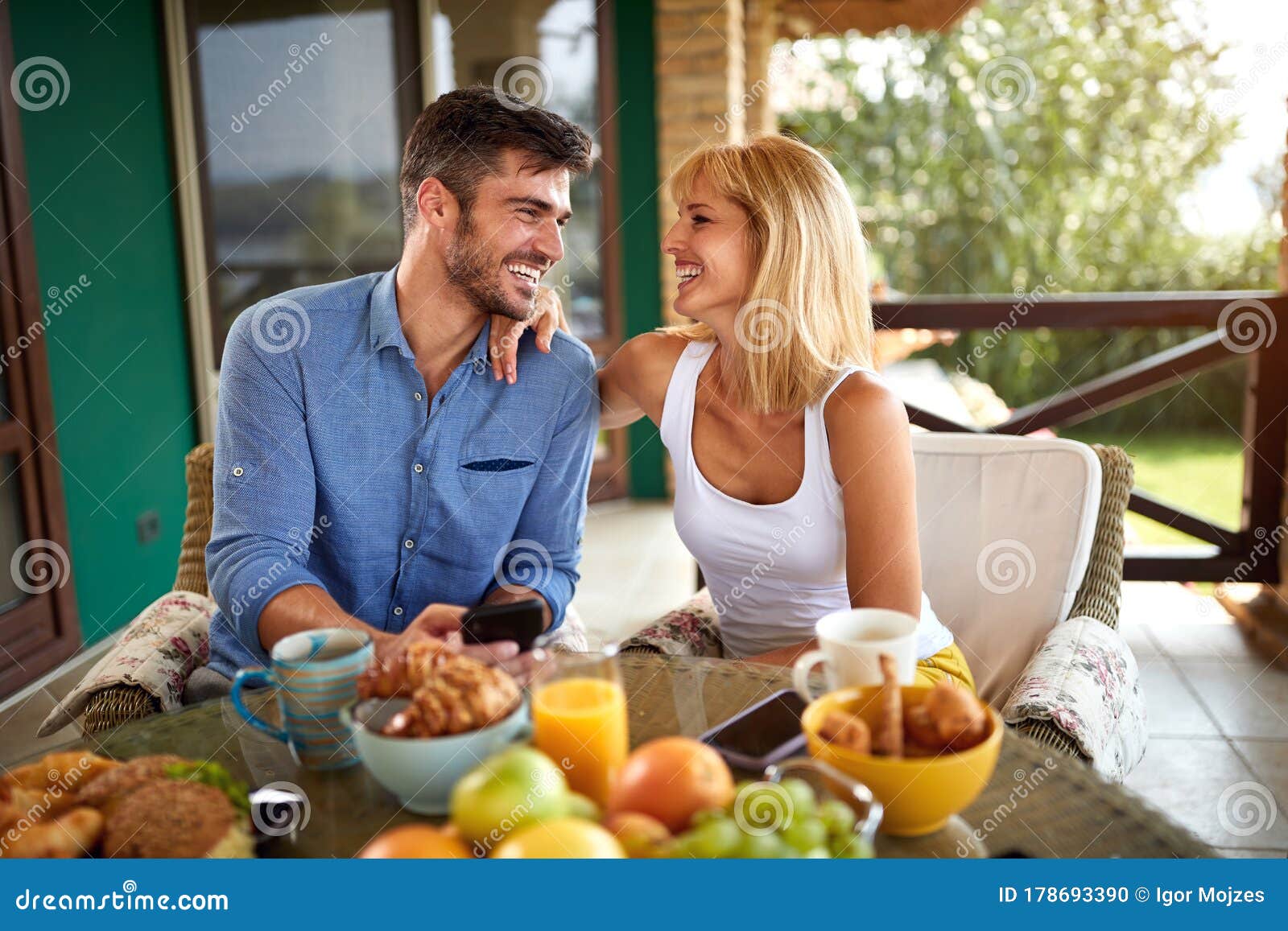 Couple in Love Having Breakfast Stock Photo - Image of female ...
