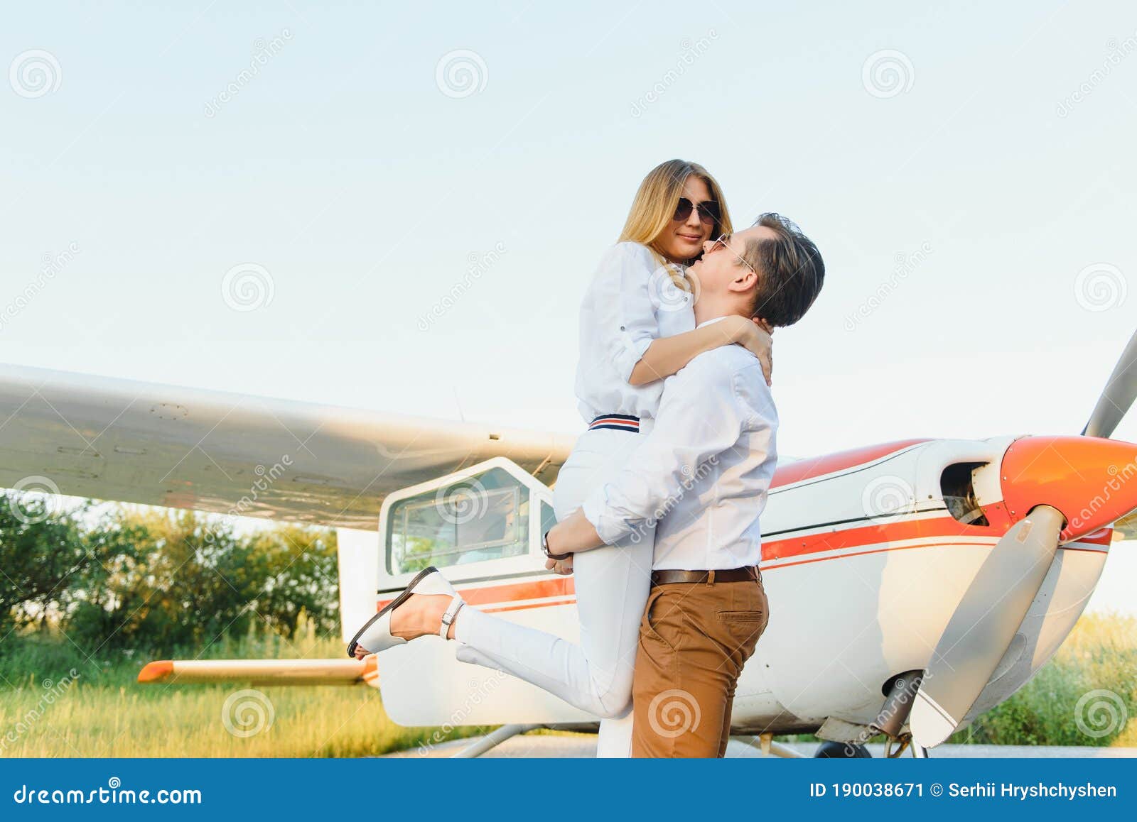 Couple in Love Having Fun Near Private Plane Stock Image - Image of ...