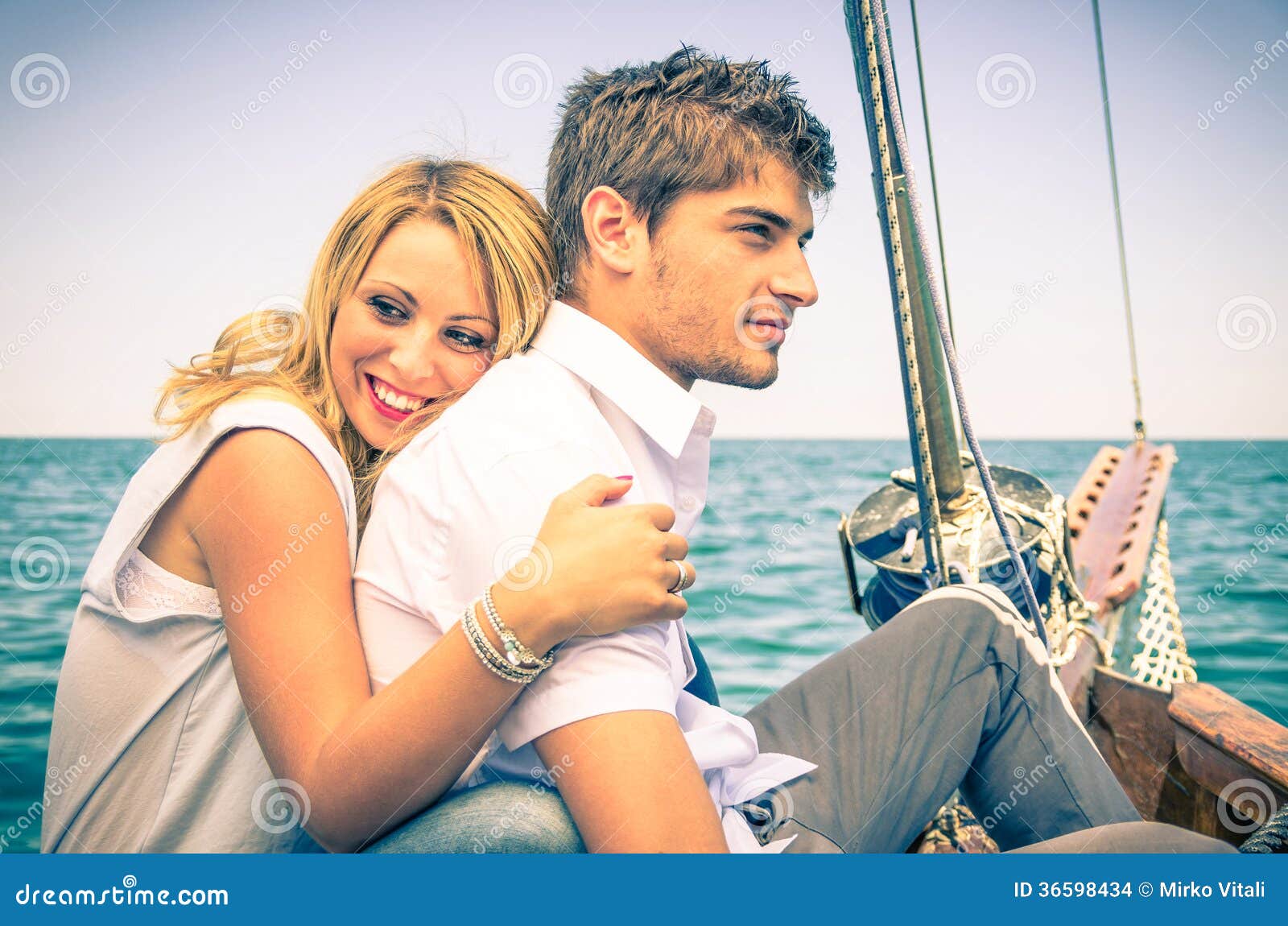 Couple in Love - Honeymoon on the Sailing Boat Stock Photo - Image of ...