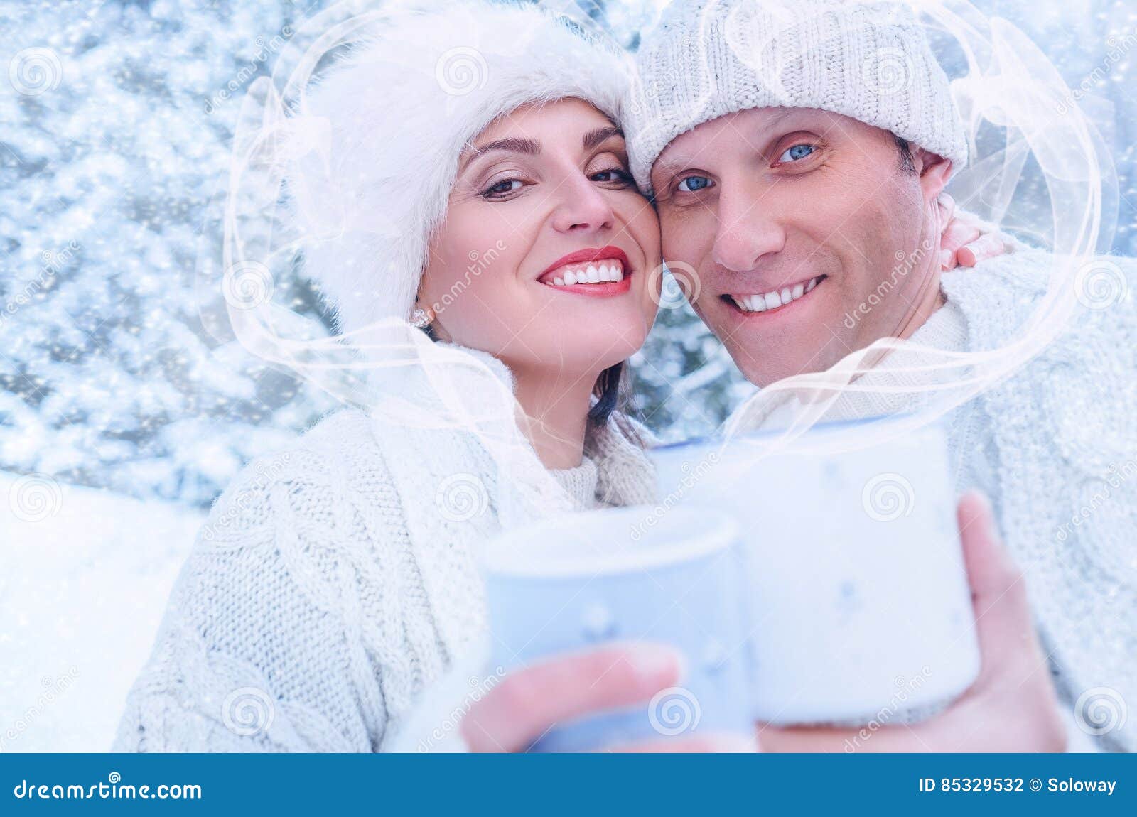Couple in Love in Snow Forest with Heart Frame from Steam Stock Photo ...