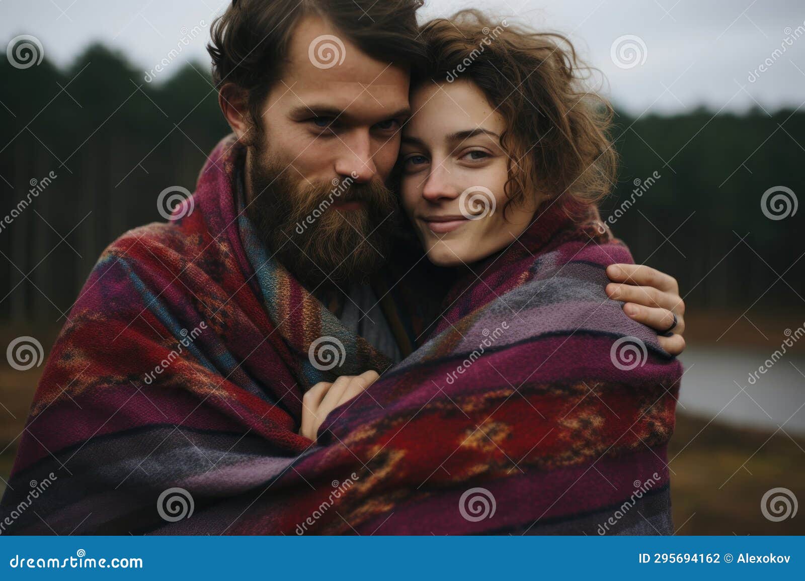 Couple in Love Wrapped in a Plaid in the Forest. Generative AI Stock ...