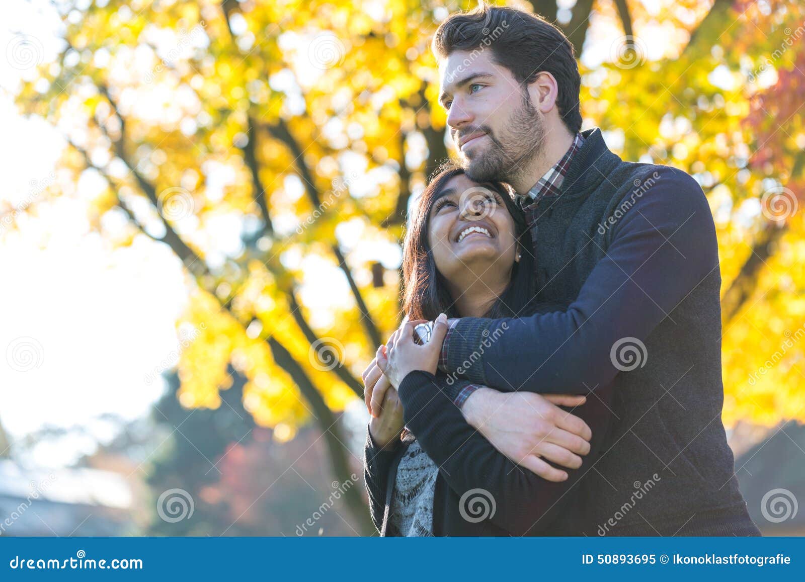 Couple of Lovers Hugging at Autumn Tree Stock Image - Image of autumn ...